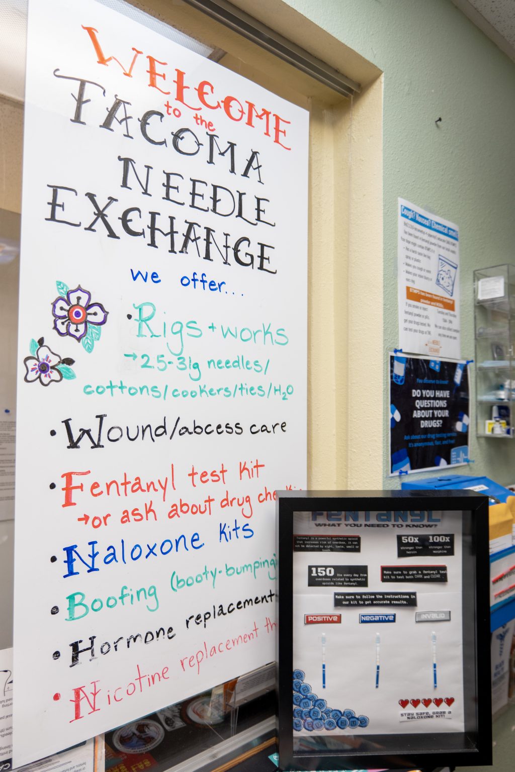TNE008 Sign at a syringe services program showing different available ...